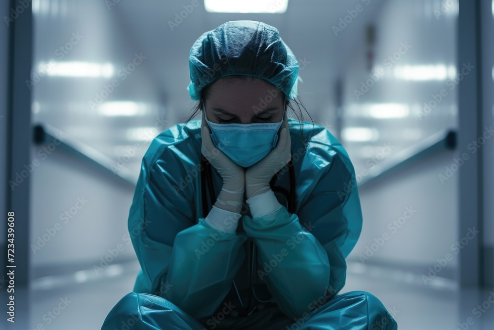Image of a healthcare worker, clad in medical gear, pausing for ...