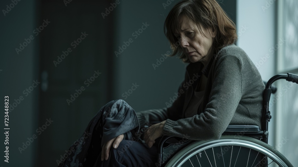 A middleaged woman sitting hunched over in a wheelchair her face etched ...
