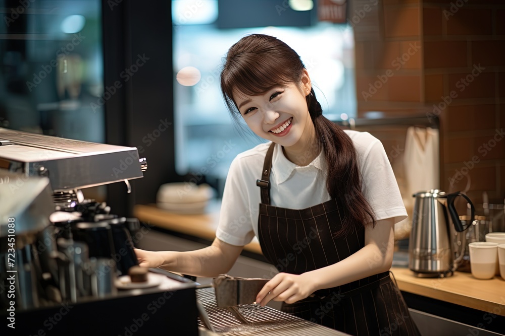 beautiful asian girl working as a barista waitress in a cafe restaurant ...