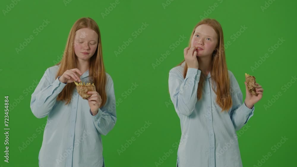 2-in-1 Split Green screen. Blonde teenage girl smiles and eats french ...