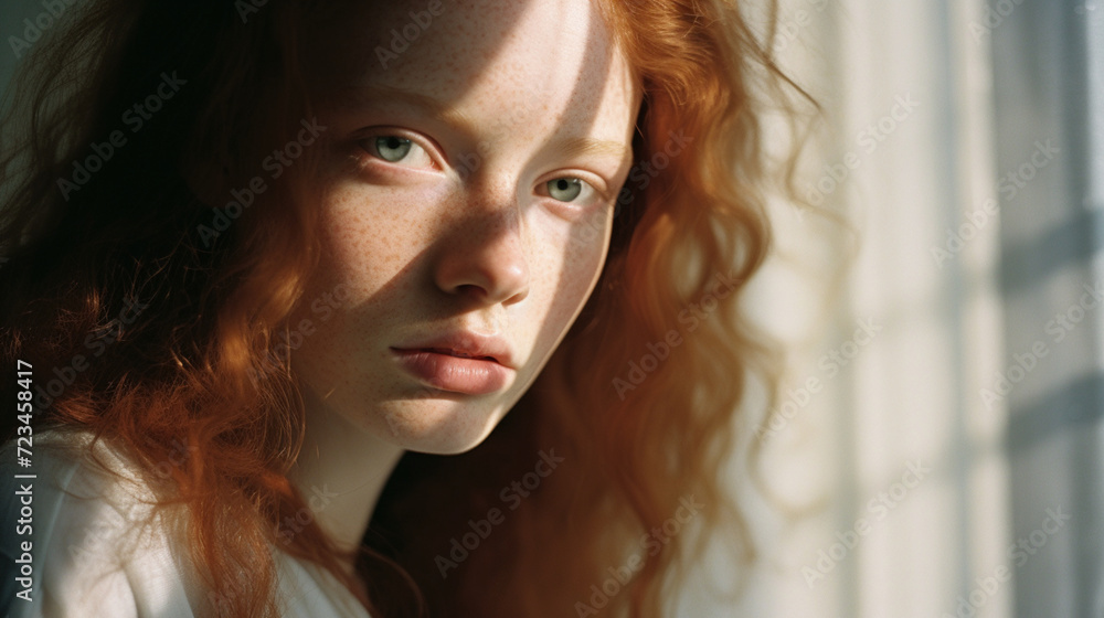photo of a woman, dark red hair and green eyes, pale skin, light ...
