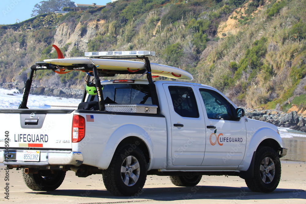 Orange County Lifeguard rescue vehicle. Pickup truck patrolling the ...