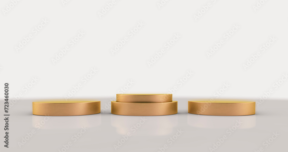 Empty gold metal podium or pedestal on a light blue background. first ...