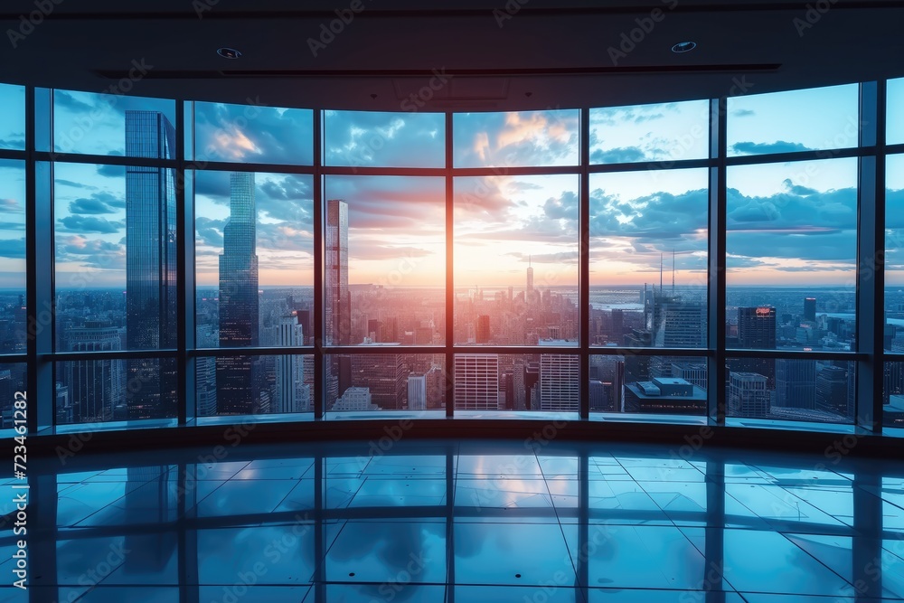 large office windows overlooking a large city, zoom background, office ...