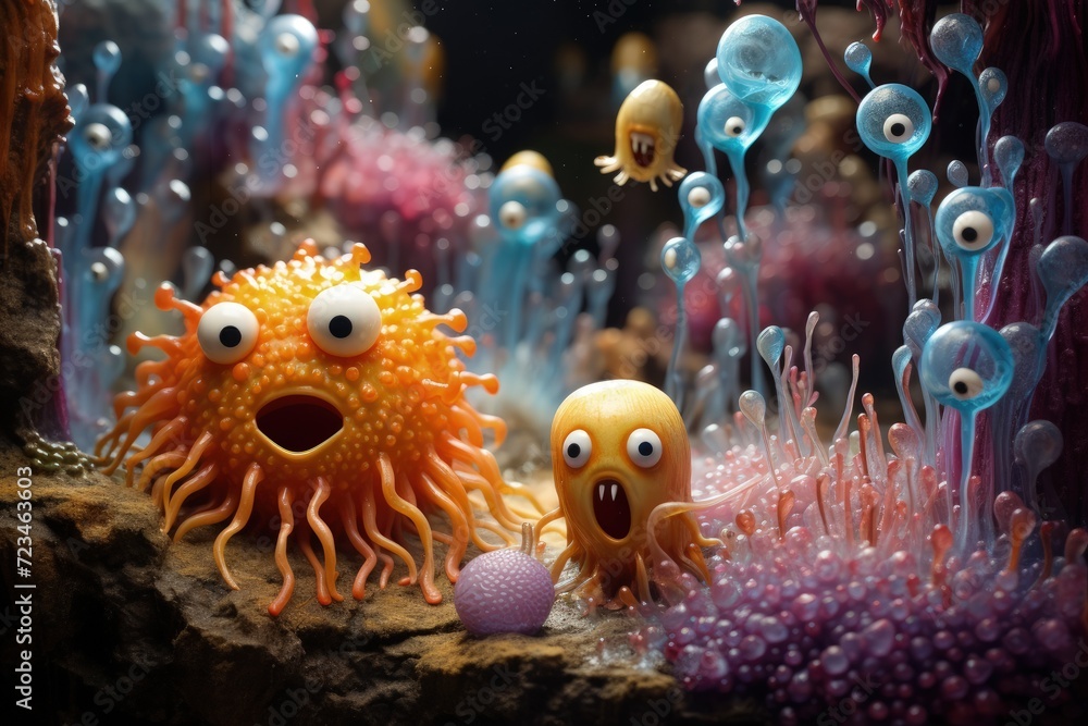 In the microscopic realm, a vibrant microbe dances, form intricate ...