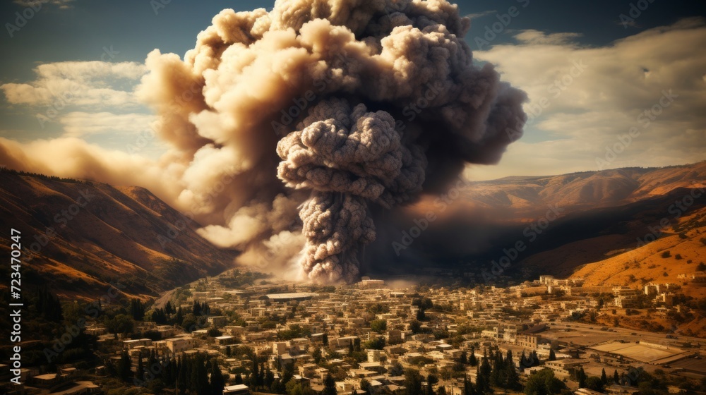 Dramatic volcanic eruption with massive ash cloud over a small mountain ...