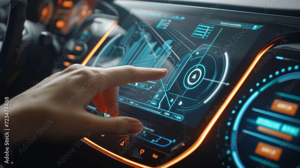 Detailed shot of a hand operating a sleek and minimalistic touchscreen ...