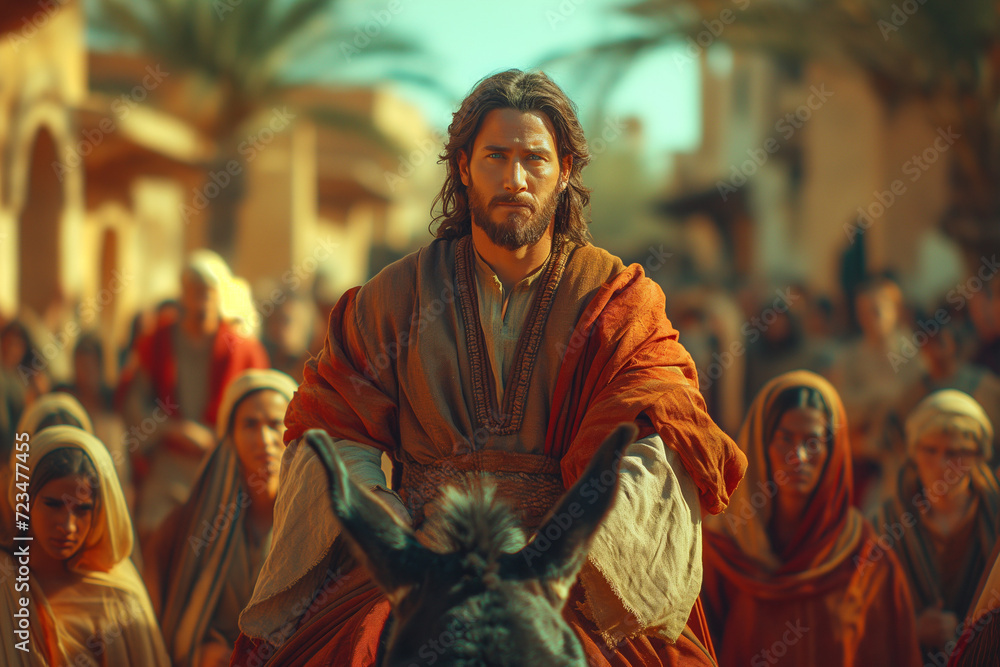 Jesus of Nazareth entering Jerusalem on a donkey on Palm Sunday ...
