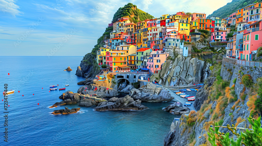 Mediterranean Coastal Town View with Rocky Shore and Azure Waters under ...