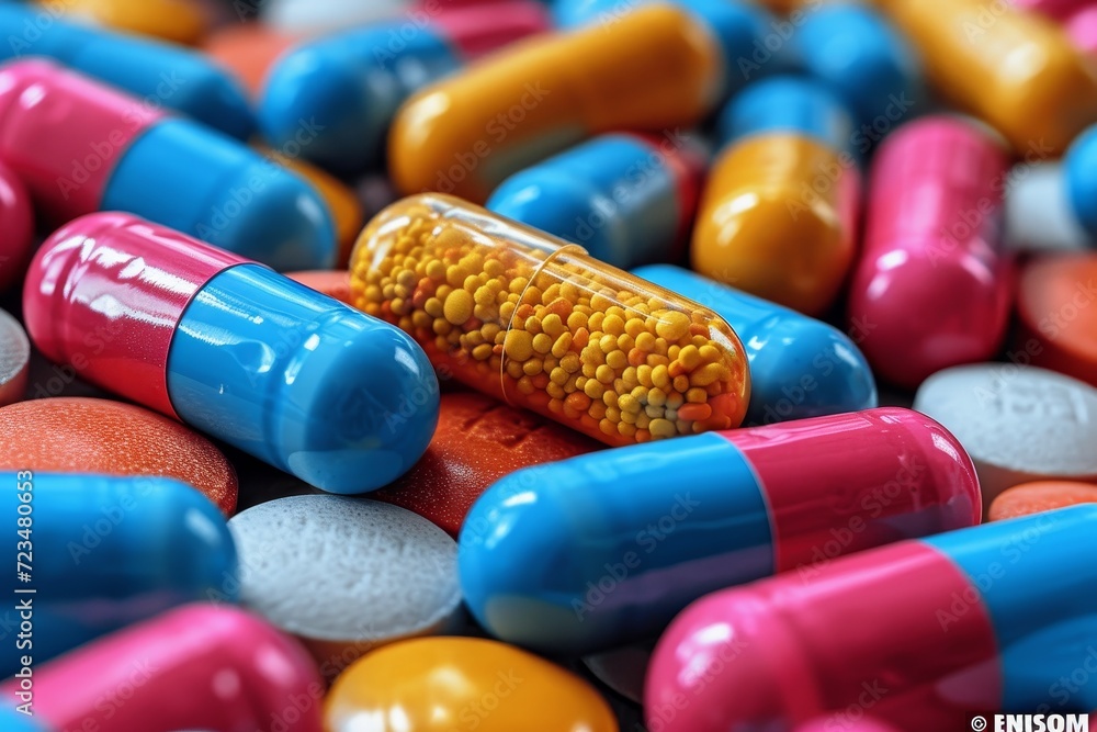 A detailed image of various pharmaceutical pills, including ...