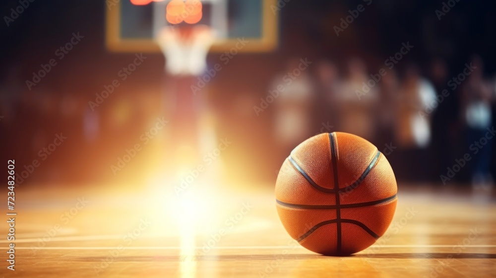 Close-up of a basketball on a wooden court floor with a blurred ...