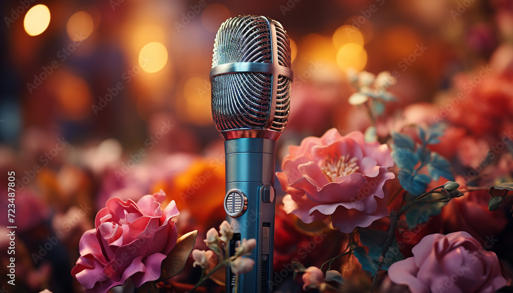 Singer performs on stage, microphone captures nature fresh melodies ...
