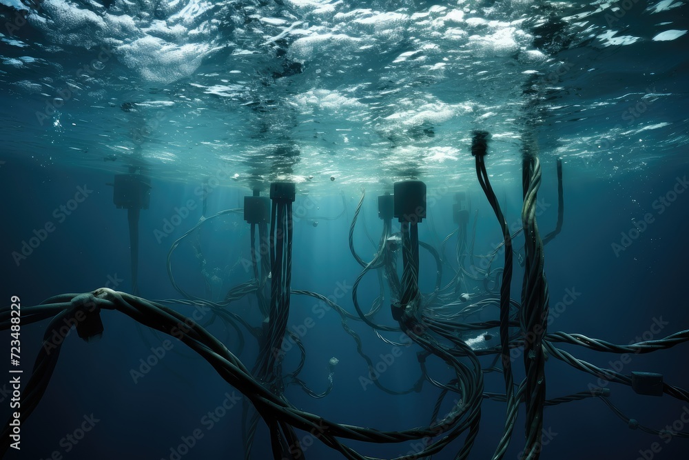 Underwater landscape with electric cables and wires in deep blue sea ...