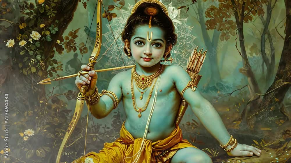 Bala Rama, the Indian god, holding a bow and arrows in the jungle Stock ...