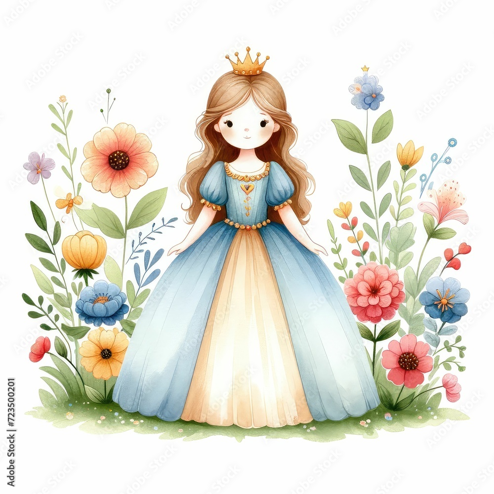 Princess in a garden with flowers. watercolor illustration. white ...