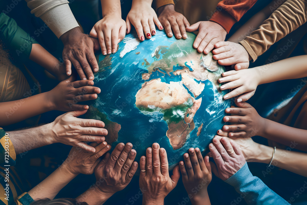 Hands, World, global. A group of diverse people holding hands around ...