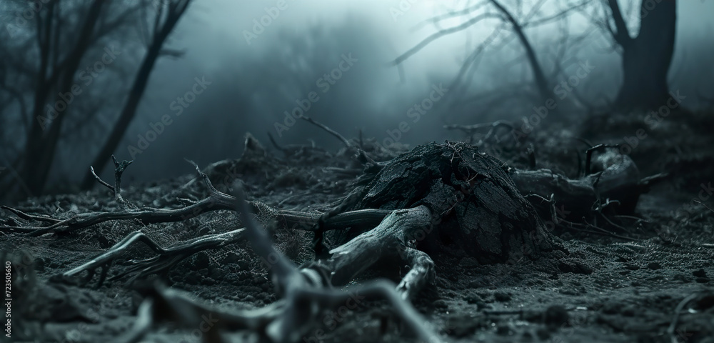 Carcass of mother earth in a dark, gothic scene surrounded by dark mud ...