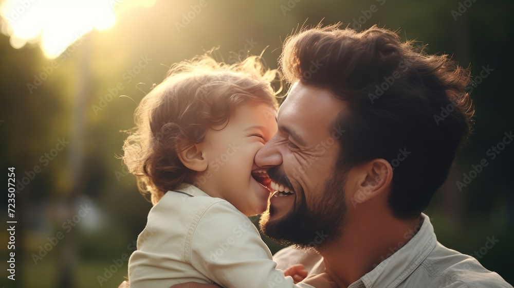 Father, bonding kiss and boy child hug happy in nature with quality ...