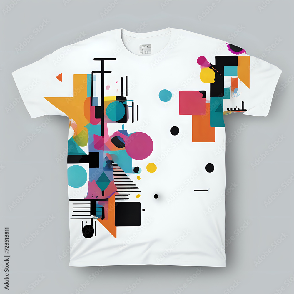 A colorful abstract art on a white t-shirt. The art consists of various ...