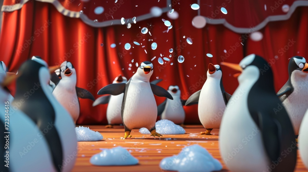 Cartoon scene A group of penguins gathered around a heckler penguin who ...