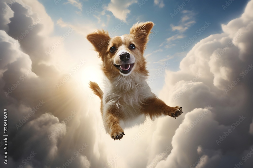 heavenly soar: flying dog in golden hour sky – pet graphic design ...