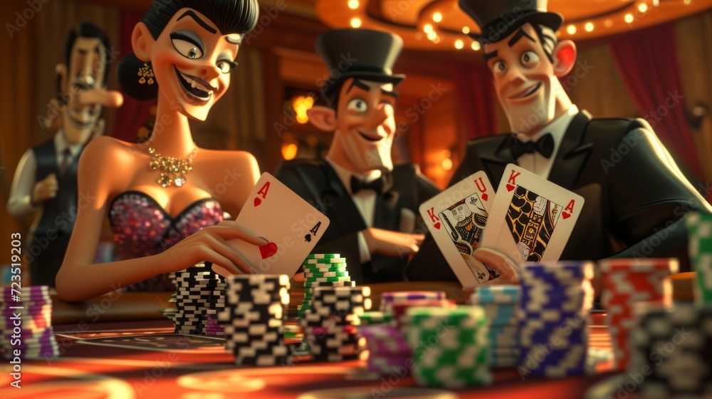 Cartoon scene A pair of playing cards dressed in fancy tuxedos and ...