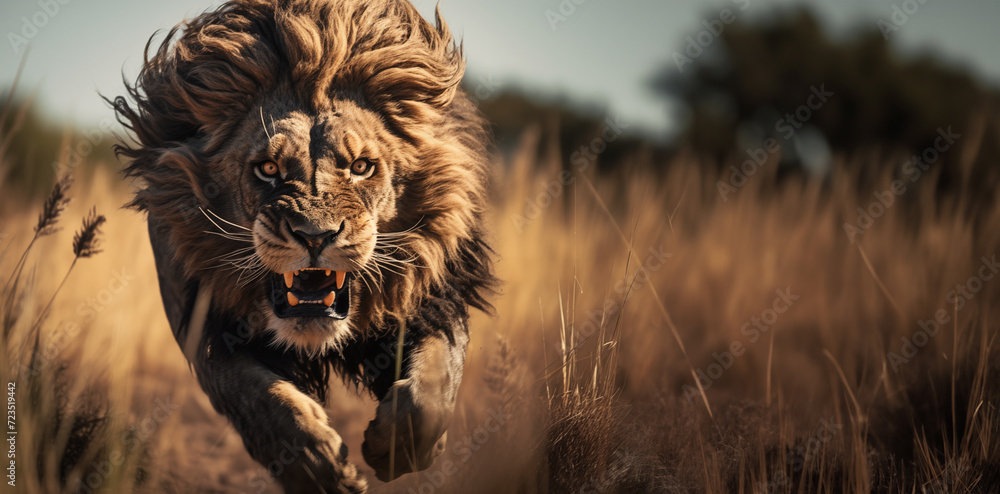 L'attaque d'un lion courant dans la savane africaine, image avec espace ...