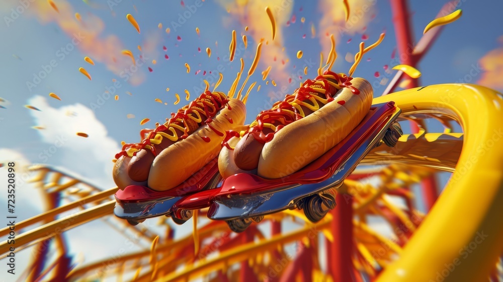 A pair of hot dogs giddily holding hands as they ride the loopdeloop on ...