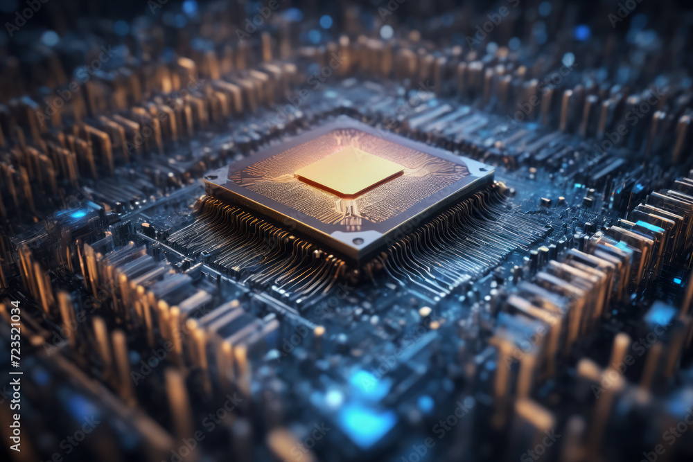 Quantum computing. 3D render of CPU, close up of central processing ...