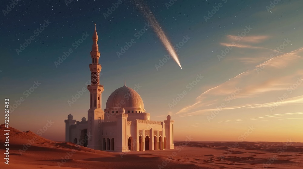 Picture of a traditional Islamic mosque in a desert, with a surreal ...