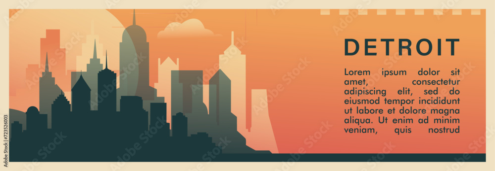 Detroit city brutalism vector banner with skyline, cityscape. USA ...