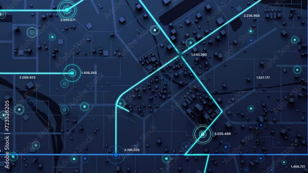 3D Rendering Top view City map with navigator line and destination GPS ...