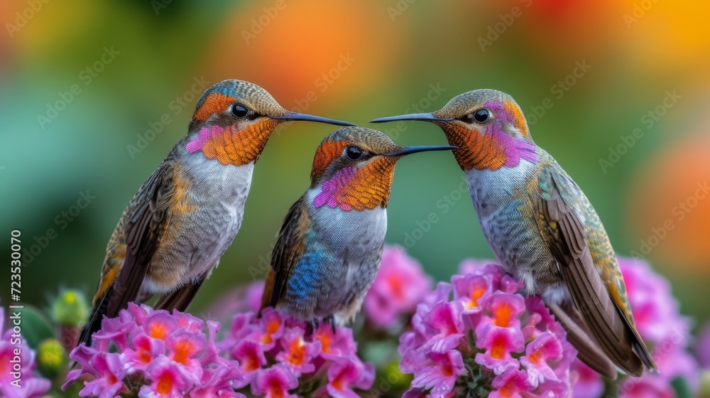 Hummingbirds hover around blooming flowers in a green forest in Costa Rica. natural habitat ...