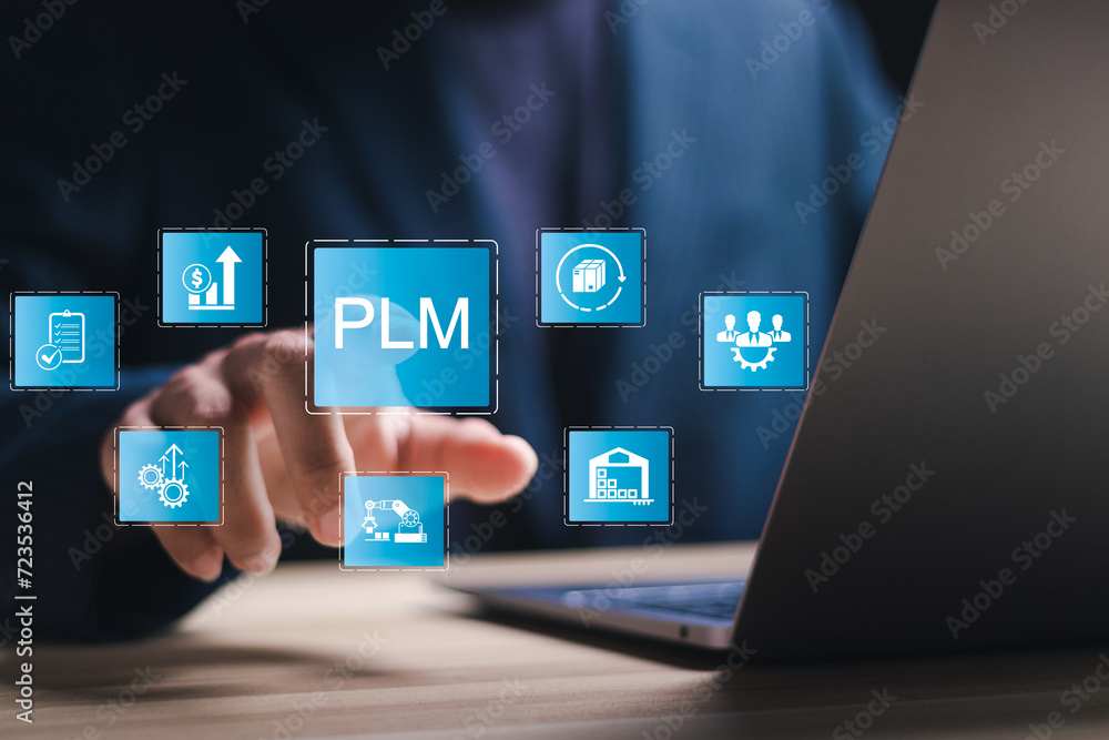 PLM, Product Lifecycle Management concept. Businessman use laptop ...