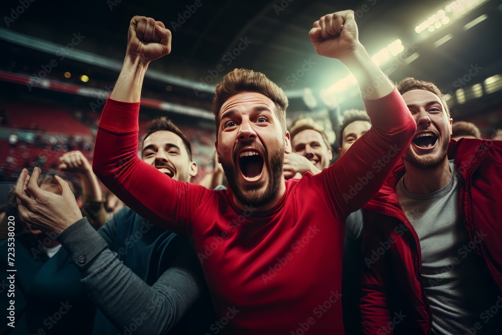 Football fans. Crowd of sports fans cheering during a goal in stadium ...