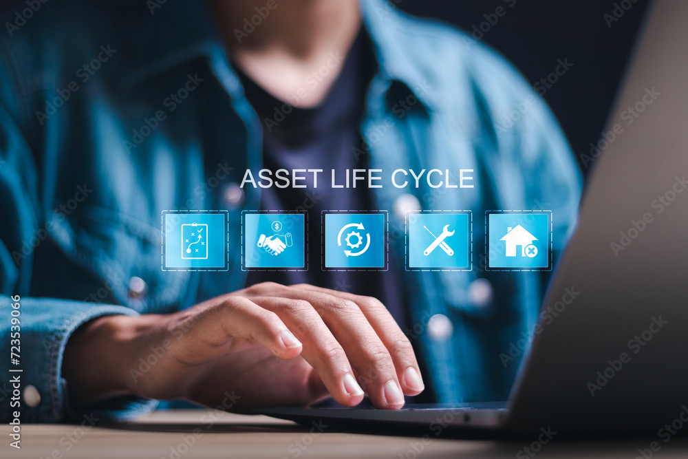 Asset life cycle concept, Businessman use laptop with virtual screen of ... Asset life cycle concept, Businessman use laptop with virtual screen of ...