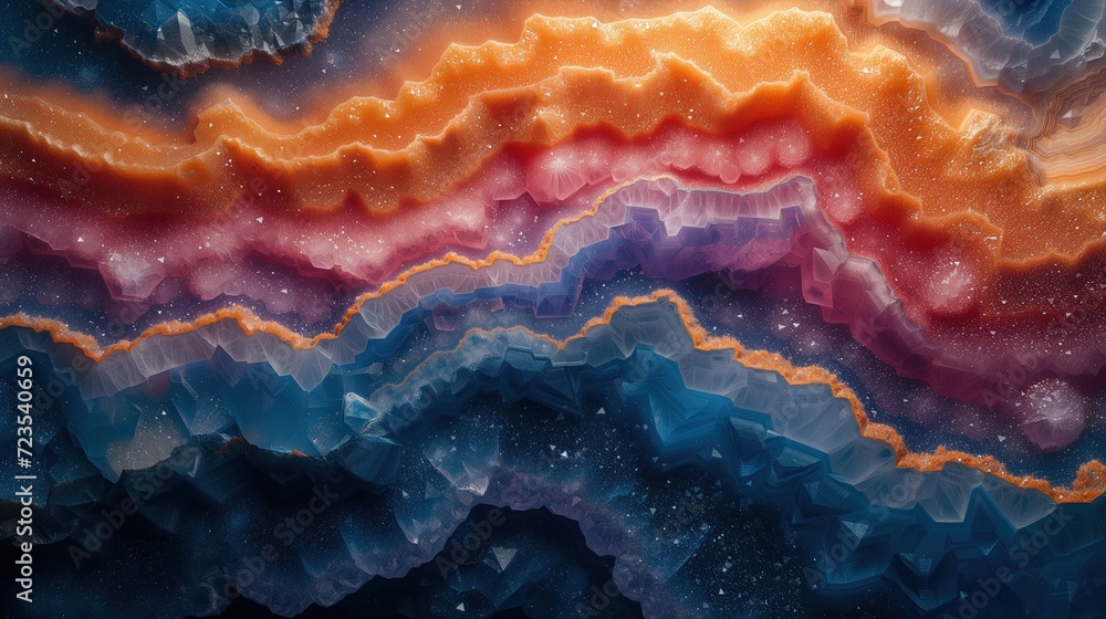 The geode's layers evoke a cosmic scene, with starry blue depths giving way to vibrant sunset ...