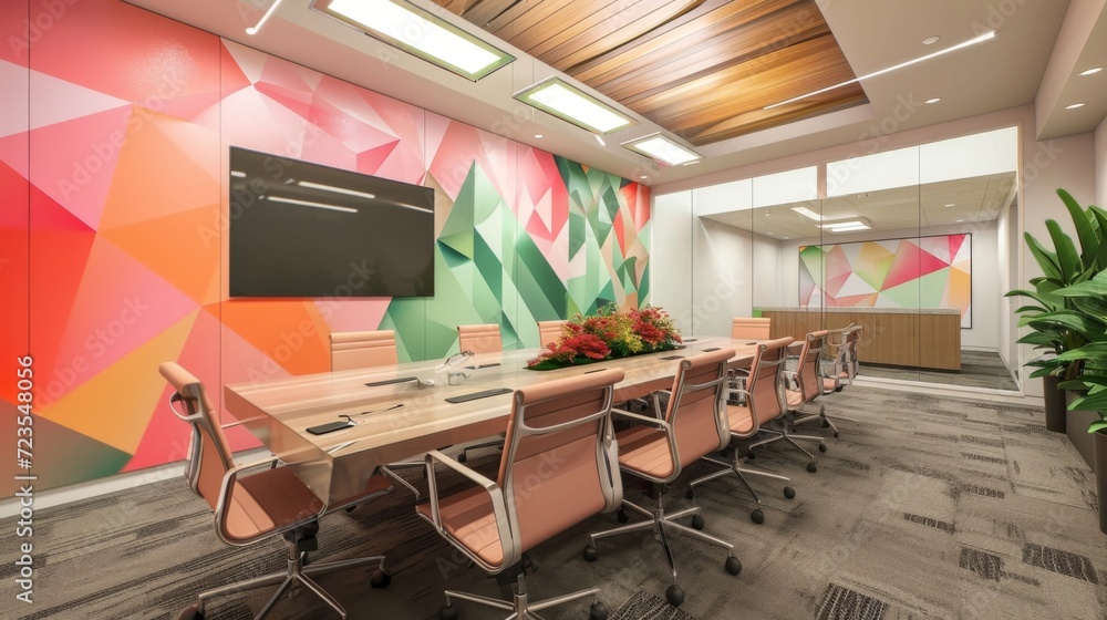 A modern boardroom with a large geometric mural in shades of pink ...