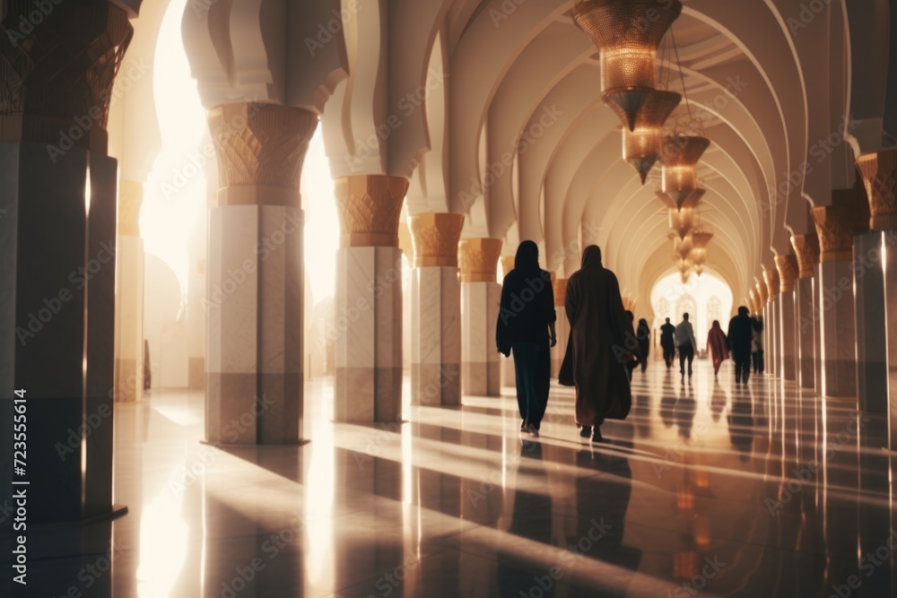 Inside a Sun-Filled Mosque - A Group of People Walking and Praying ...