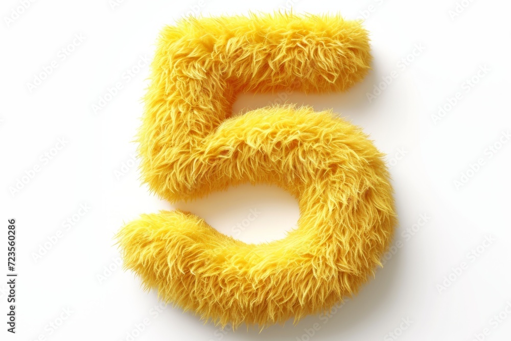 Cute yellow number 5 or five as fur shape, short hair, white background ...