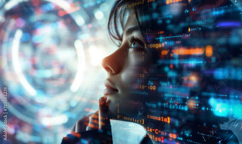 Programming, ai code and woman with focus, hologram and digital ...