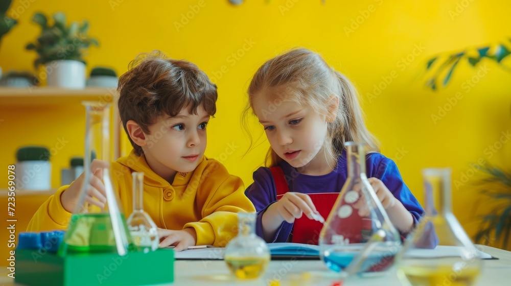 Little cute girl and boy enjoying science laboratory equipment, doing ...