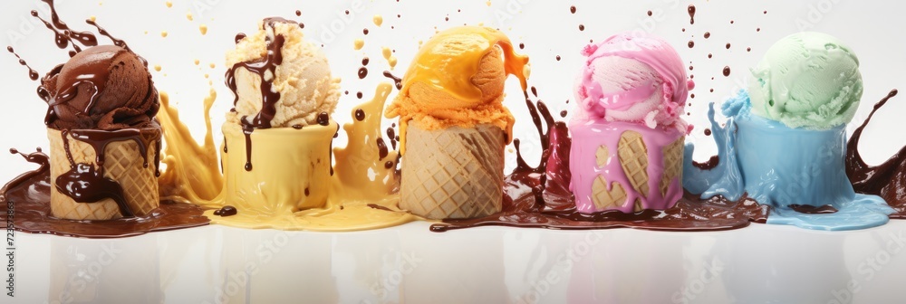 Row of splashing, delicious and colorful ice creams in edible tubs ...