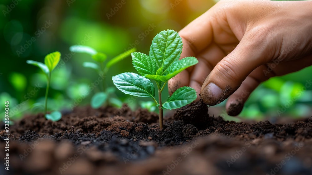 hand plants a small green seedling in the fertile soil, symbolizing ...