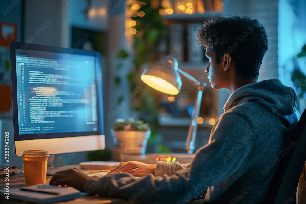 programmer is immersed in lines of code on his computer screen, illuminated only by the soft ...