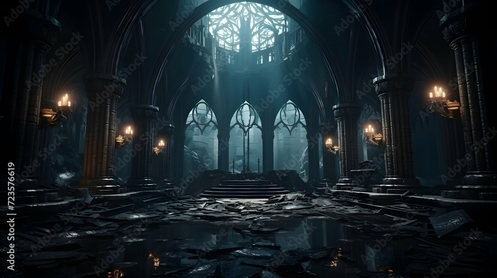 Majestic gothic dark fantasy castle hall with throne and torches ...