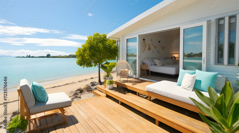 Tiny house on wheels by the sea with a palm tree, serene setting Stock ...