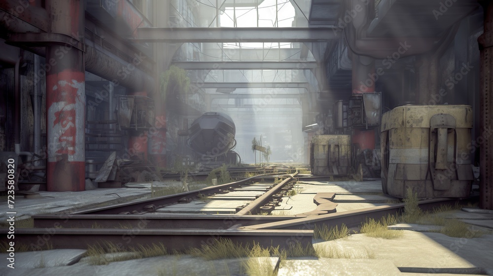 Abandoned and ruined factory building with wild plants. Industrial post ...