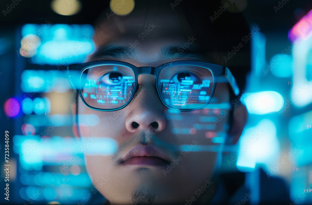 Programming, ai code and man with focus, hologram and digital software with cyber security ...