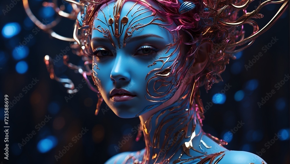 An intricately complex neon-lit digital avatar emerges from the depths ...